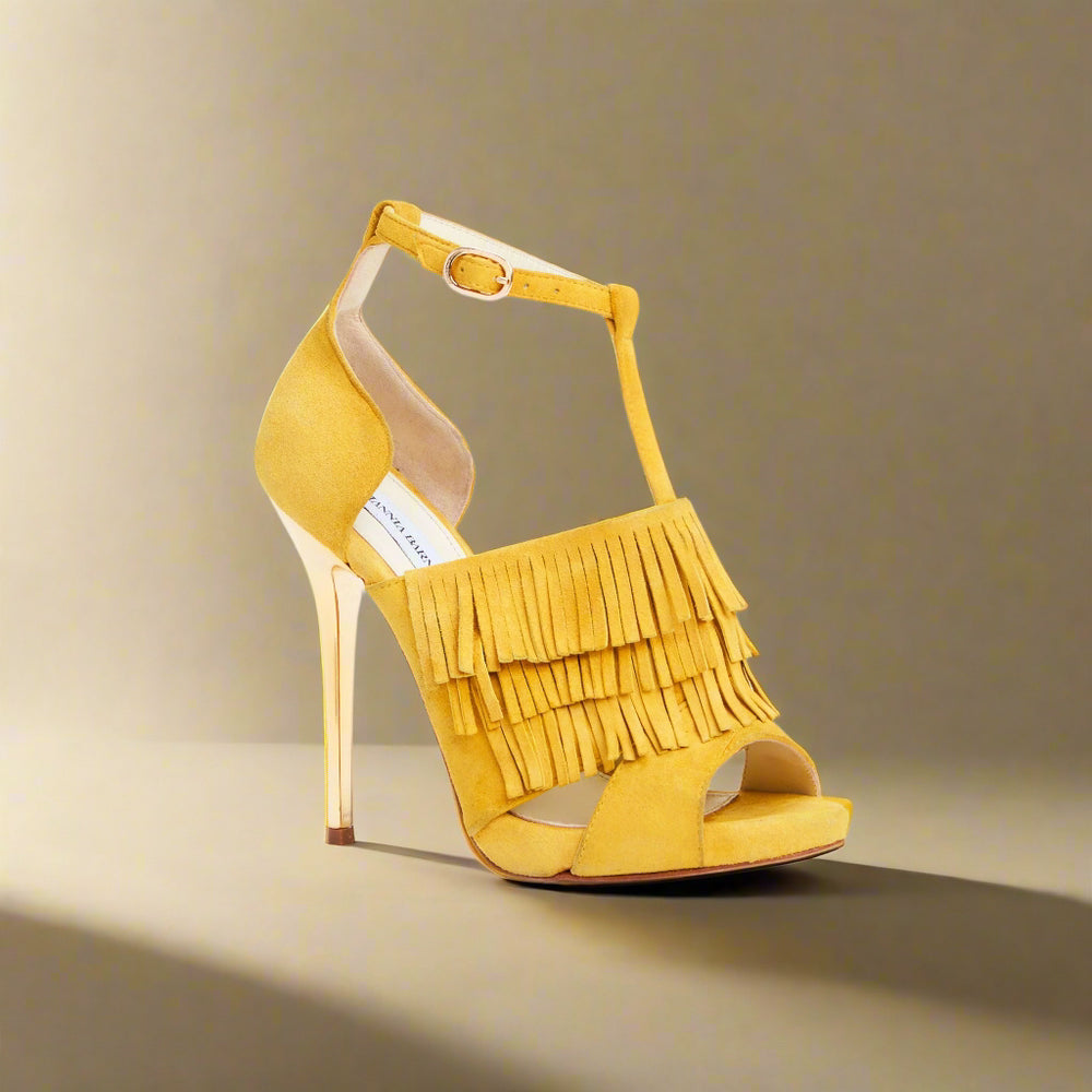 Tiannia Barnes Jackie Mustard Suede T-Strap Platform Heels