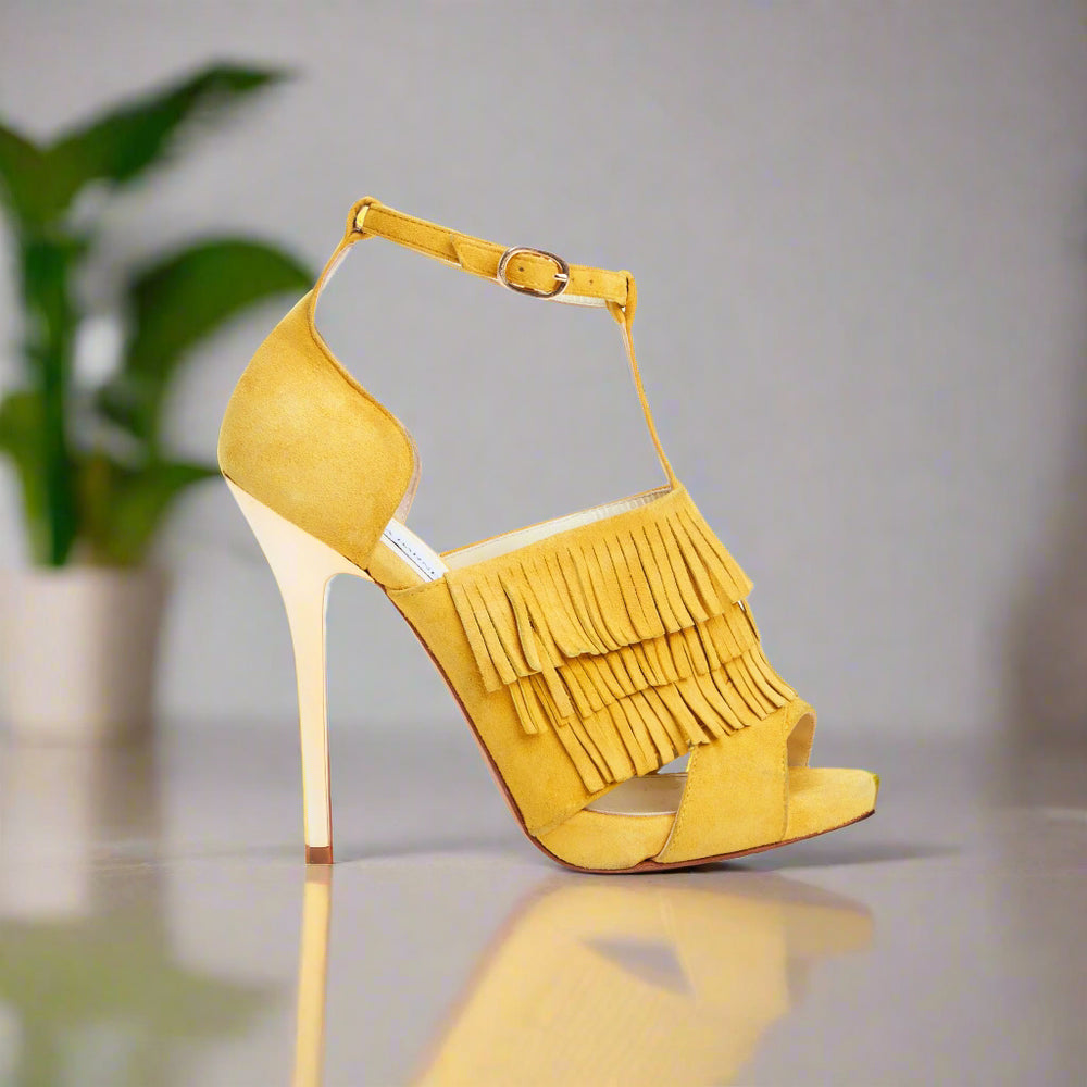 Tiannia Barnes Jackie Mustard Suede T-Strap Platform Heels